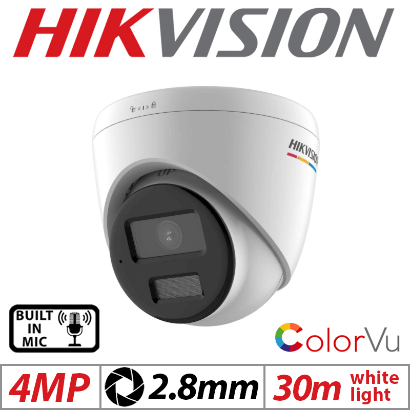 4MP HIKVISION COLORVU FIXED TURRET IP NETWORK CAMERA WITH BUILT-IN MIC 2.8MM WHITE DS-2CD3347G2E ...