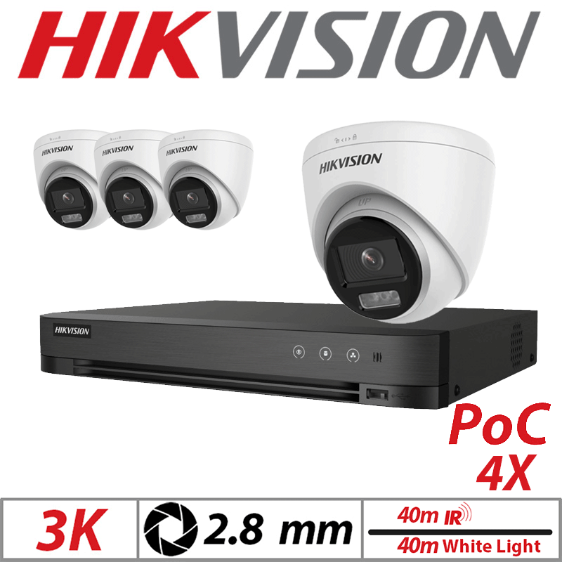3K 4CH HIKVISION - 4X DUAL-LIGHT POC FIXED TURRET CAMERA 2.8MM WHITE DS ...