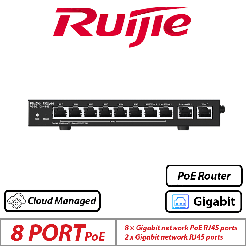 Ruijie Reyee 10-Port High-Performance Cloud Managed PoE Office Router – 8 PoE + 2 Uplink (RG ...