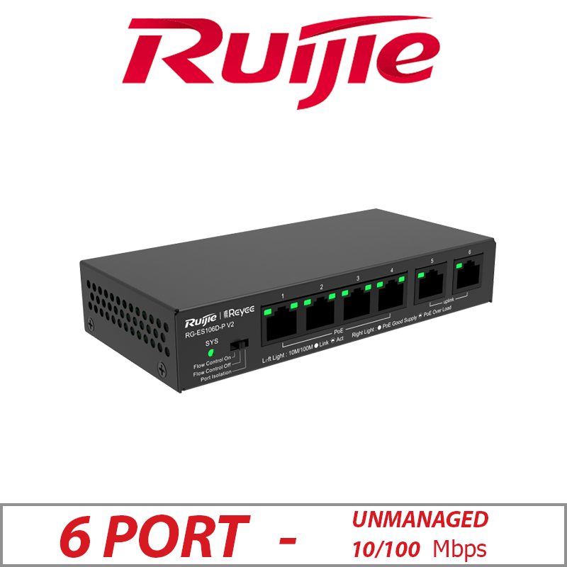 Ruijie 6-Port Unmanaged PoE Switch – 4 PoE + 2 Uplink, 10/100Mbps ...