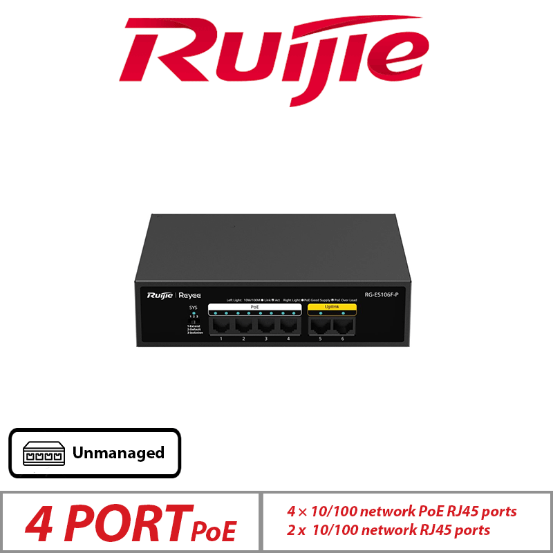 RUIJIE 6-PORT UNMANAGED POE SWITCH – 4 POE + 2 UPLINK, 10/100 MBPS RG-ES106F-P ∙ Doris CCTV