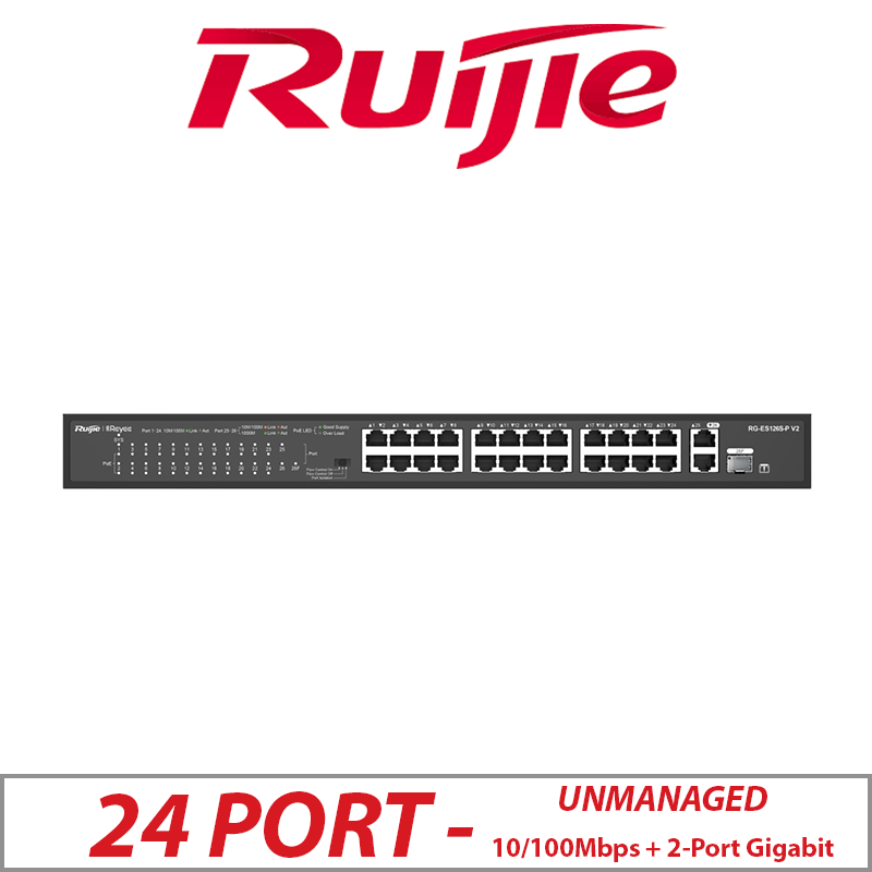 Ruijie 26-Port Unmanaged PoE Switch – 24 PoE + 1 LAN + 1 LAN/SFP Uplink ...