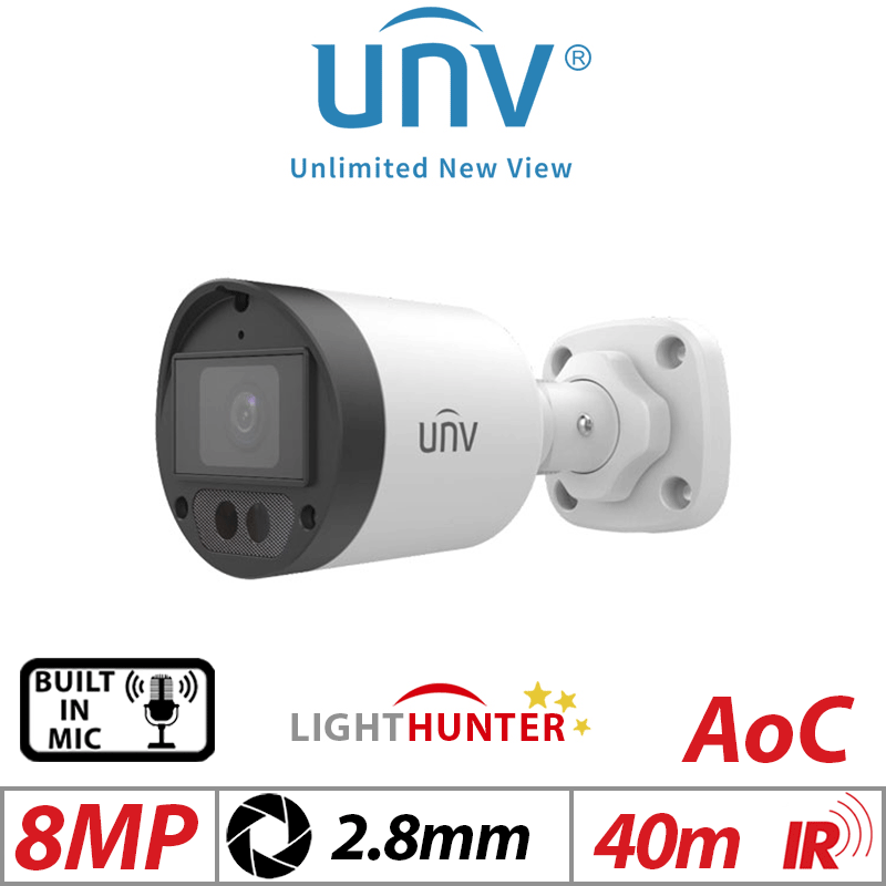 Uniview 8MP Mini Bullet Analog Camera – Lighthunter, Fixed, Mic, 2.8mm, White (UAC-B128-ADF28MS ...
