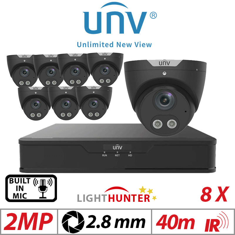 2MP 8CH UNIVIEW KIT - 8X LIGHTHUNTER - BUILT-IN MIC - HD FIXED TURRET ANALOG CAMERA BLACK 2.8MM ...