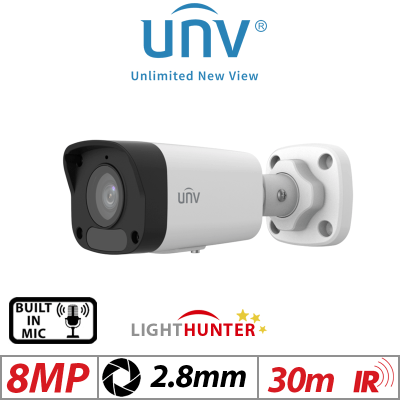 8MP Uniview LightHunter Mini Bullet Network Camera – 2.8mm, White (IPC2128LB-ADF28K-G) ∙ Doris CCTV