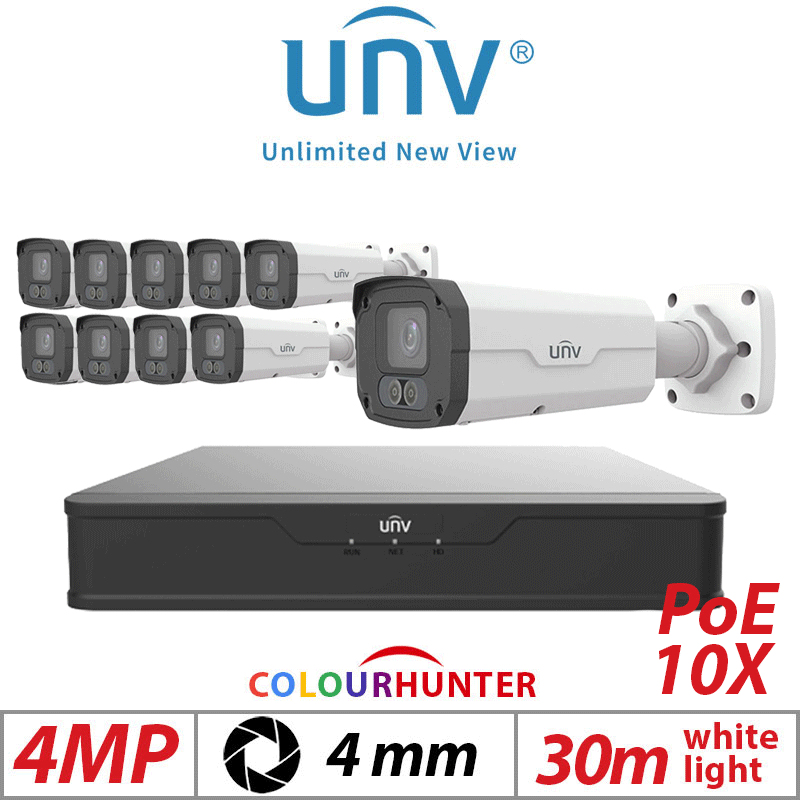 4MP 16CH UNIVIEW IP KIT - 10X COLORHUNTER - 24/7 COLOUR - DUAL ILLUMINATORS BULLET NETWORK ...