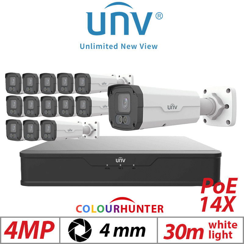 4MP 16CH UNIVIEW IP KIT - 14X COLORHUNTER - 24/7 COLOUR - DUAL ILLUMINATORS BULLET NETWORK ...