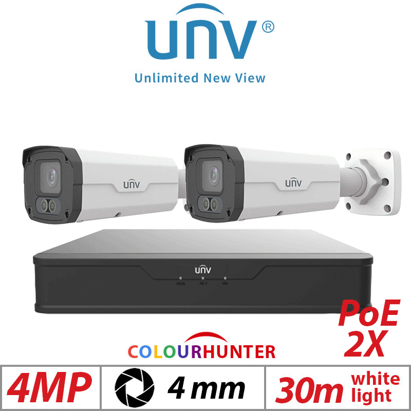 4MP 4CH UNIVIEW IP KIT - 2X COLORHUNTER - 24/7 COLOUR - DUAL ILLUMINATORS BULLET NETWORK CAMERA ...