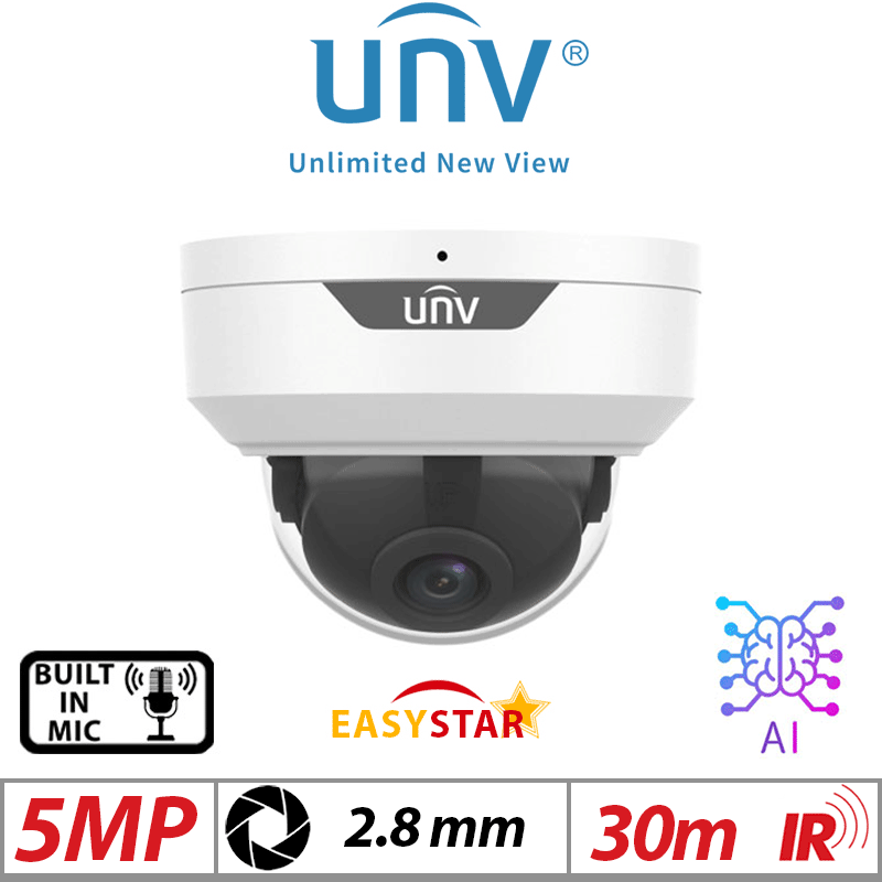 Uniview 5MP Fixed Dome Network Camera – Vandal-Resistant, HD, 2.8mm, White (IPC325LE-ADF28K-H) ∙ ...