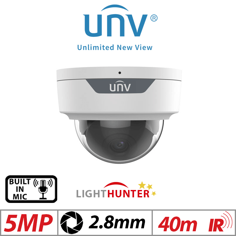 Uniview 5MP Fixed Dome Network Camera – Intelligent Lighthunter, IR, AI, Mic, 2.8mm, White ...