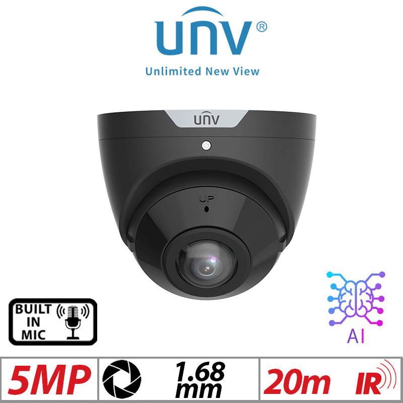 Uniview 5MP Turret Network Camera – Wide Angle, Intelligent IR, AI, Mic, 1.68mm, Black ...