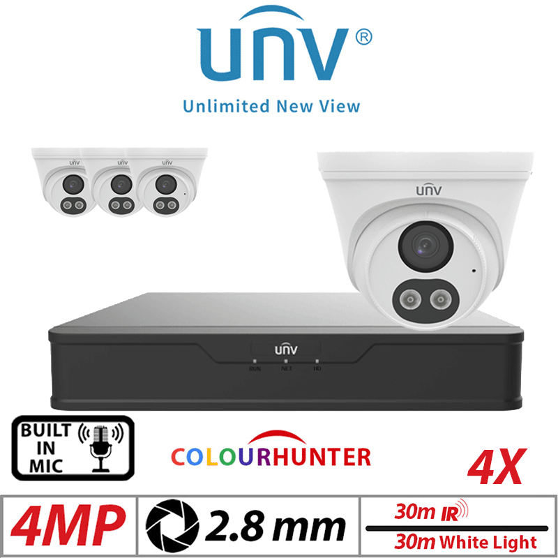 4MP 4CH UNIVIEW IP KIT - 4X COLORHUNTER - 24/7 COLOUR - HD TURRET NETWORK CAMERA WITH BUILT-IN ...