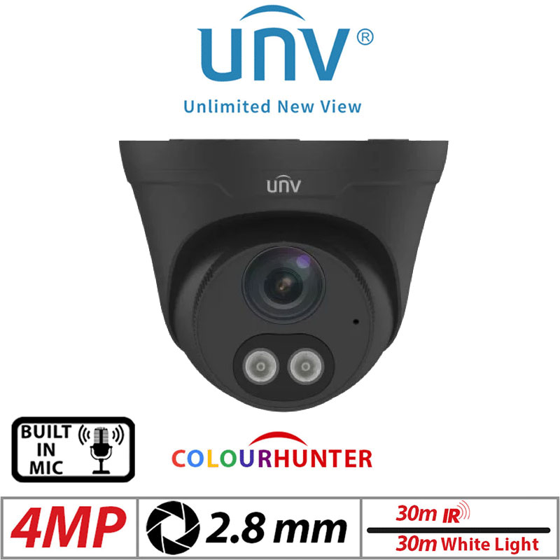 Uniview 4MP Turret Network Camera – ColorHunter, 24/7 Color, Mic, 2.8mm, Black (UNV-IPC3614LB ...