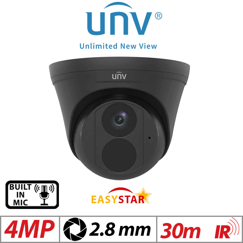 Uniview 4MP Turret Network Camera – Easystar, HD, Mic, 2.8mm, Black (IPC3614LE-ADF28K-G1-BLACK ...