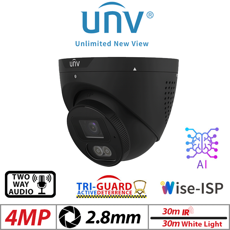 UNIVIEW 4MP TURRET NETWORK CAMERA – TRI-GUARD, WISE-ISP 24/7 COLOR, AUDIBLE WARNING, AI 2.8MM ...