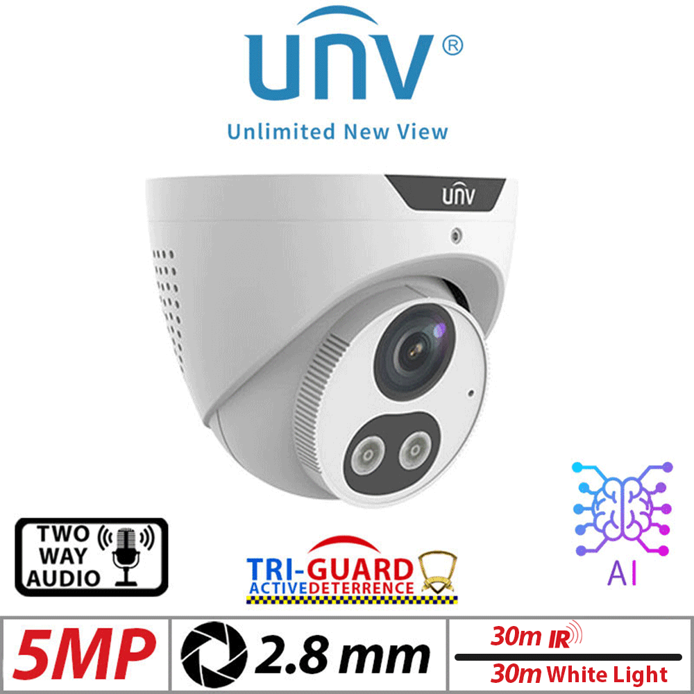 Uniview 5MP Turret Network Camera – Tri-Guard, ColorHunter, 24/7 Color, IR, Light, Audible ...
