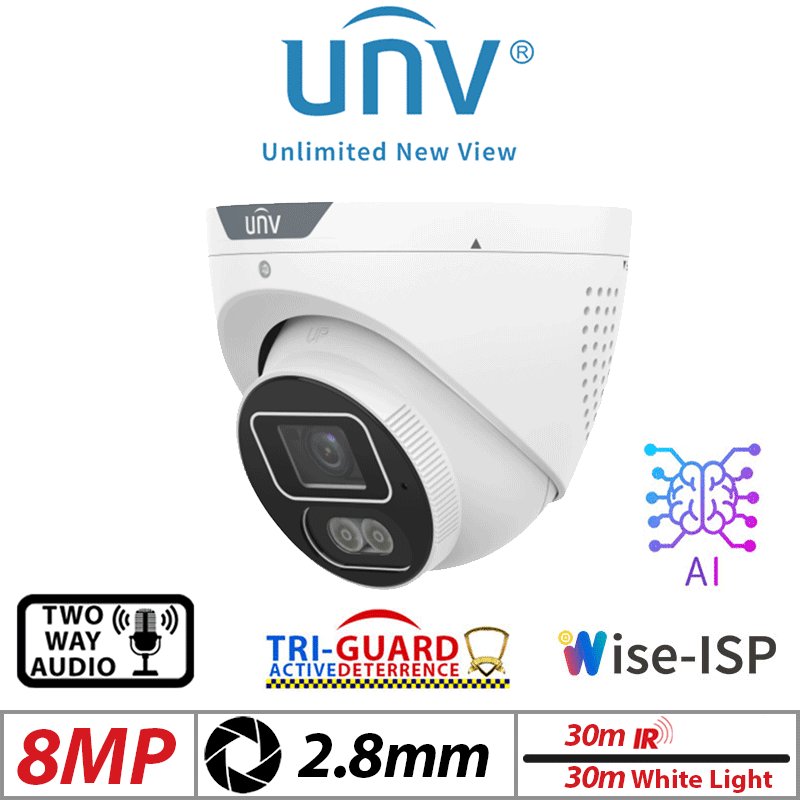 UNIVIEW 8MP TURRET NETWORK CAMERA – TRI-GUARD, WISE-ISP 24/7 COLOR, AUDIBLE WARNING, AI 2.8MM ...