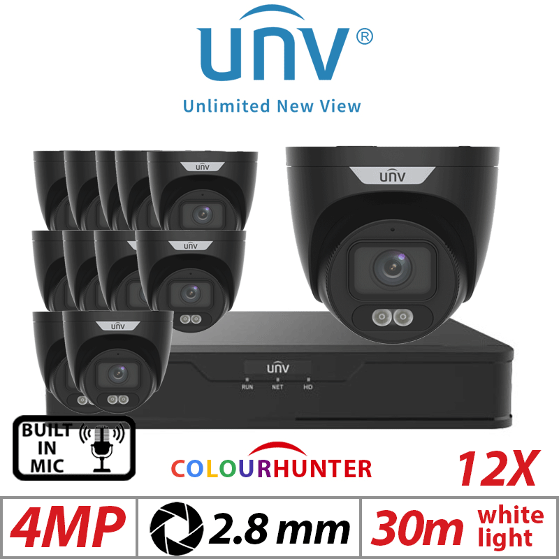 4MP 16CH UNIVIEW IP KIT - 12X HD COLORHUNTER FIXED EYEBALL NETWORK CAMERA BLACK 2.8MM UNV ...