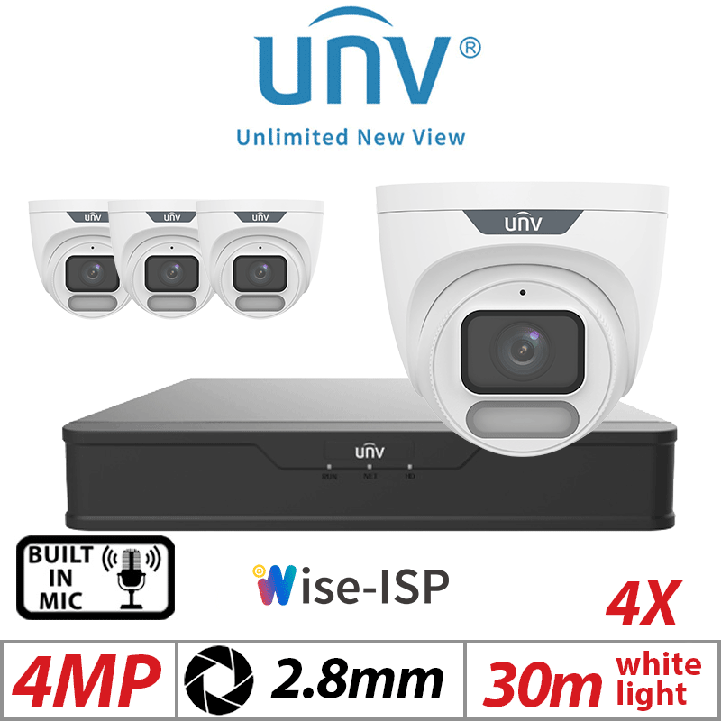 4MP 4CH UNIVIEW IP KIT - 4X Turret Network Camera – ColorHunter, Wise-ISP, Fixed, 2.8mm, White ∙ ...