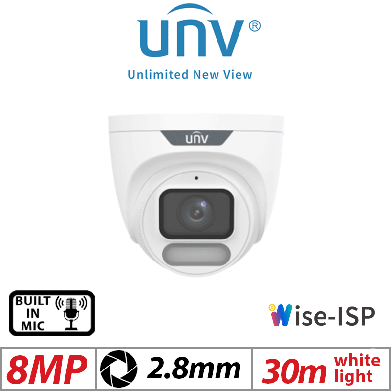 Uniview 8MP Turret Network Camera - ColorHunter, Wise-ISP, Fixed, 2.8mm, White (IPC3628LE-ADF28K ...
