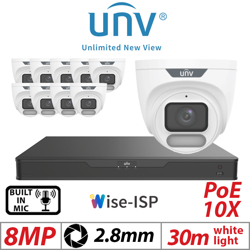 8MP 16CH UNIVIEW IP KIT - 10X Turret Network Camera – ColorHunter, Wise-ISP, Fixed, 2.8mm, White ...