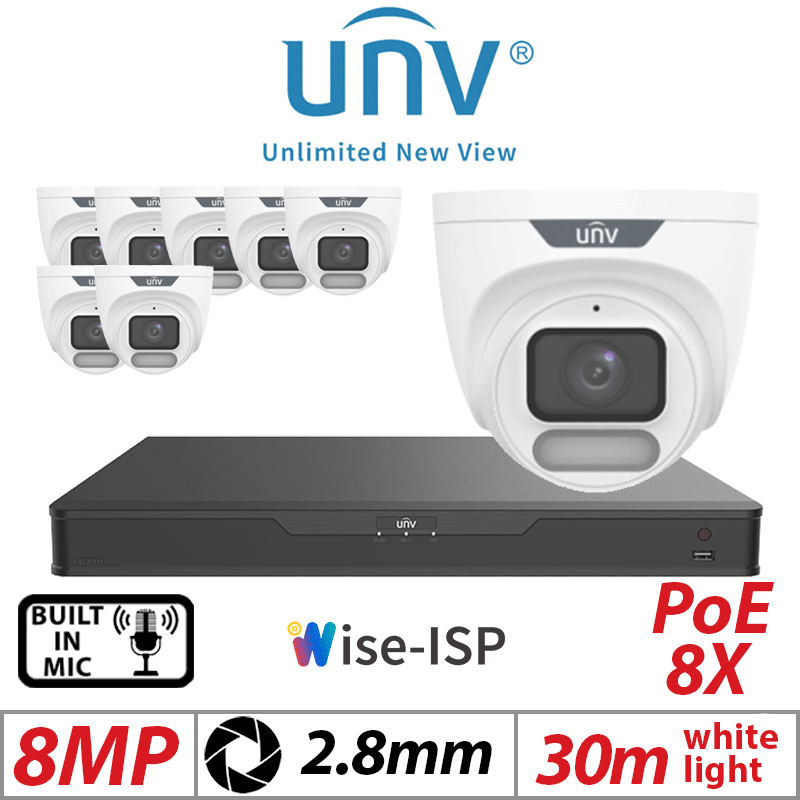 8MP 16CH UNIVIEW IP KIT - 8X Turret Network Camera – ColorHunter, Wise-ISP, Fixed, 2.8mm, White ...