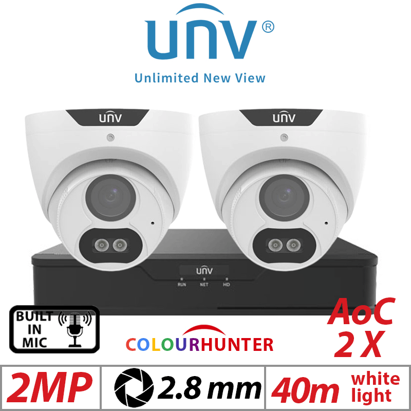 Uniview 2MP 4CH Kit – 2x ColorHunter 24/7 Color Cameras, Built-in Mic, HD Fixed Turret, 2.8mm ...
