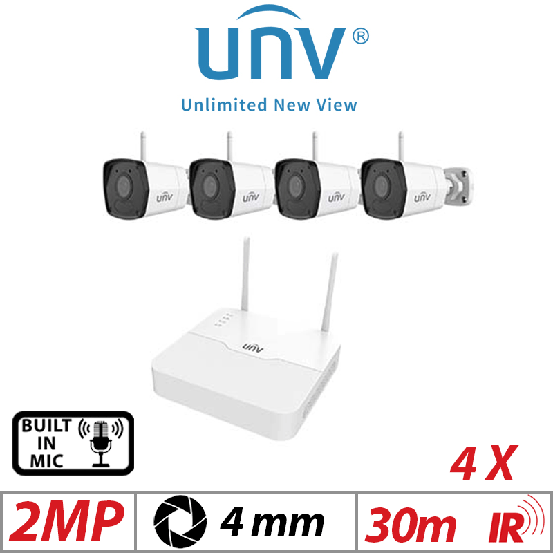 2MP Uniview WiFi Kit – 4-Channel NVR, 4x Bullet Cameras, 4mm, White ...