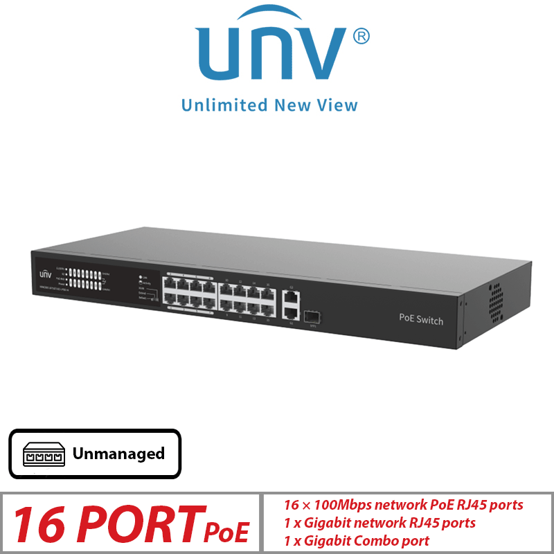 Uniview 18-Port Unmanaged Low Power PoE Switch – 16 PoE + 2 Lan Uplink + 1 SFP Uplink Ports ...